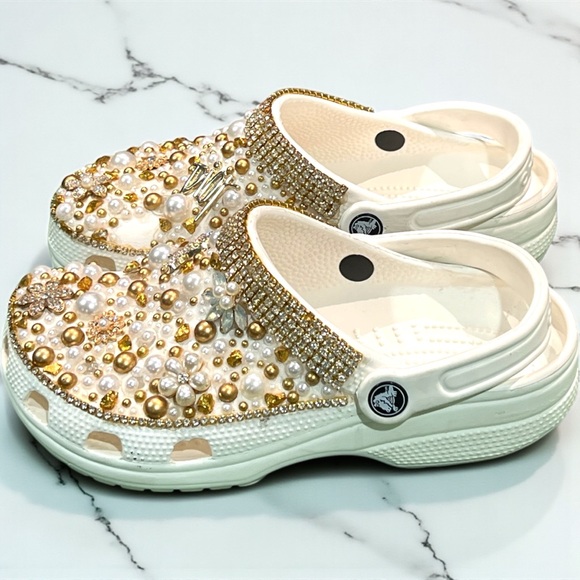 CROCS | Shoes | Crocs Bling Embellished Custom Cream And Gold Shoes ...
